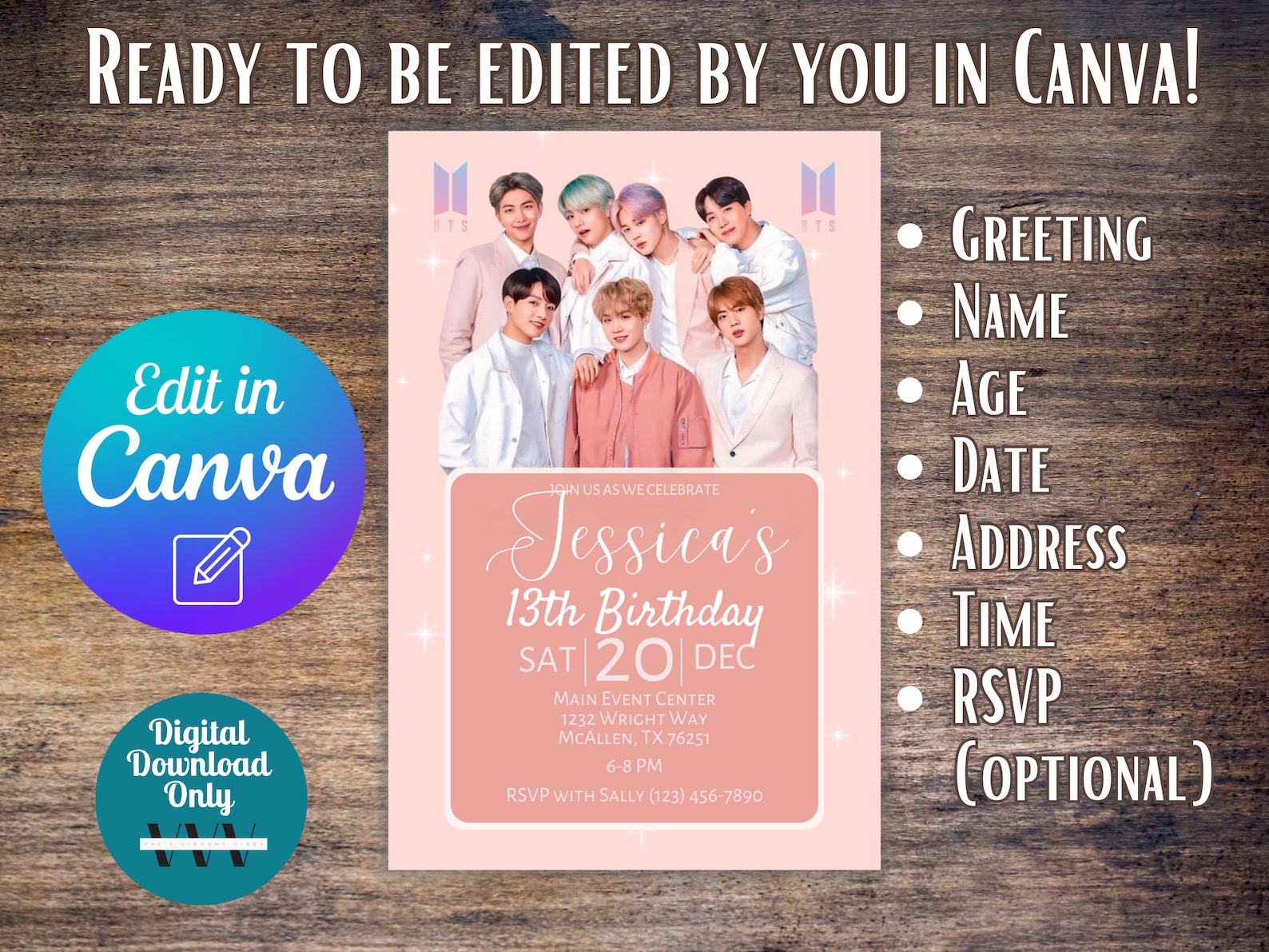 BTS Birthday Invitation & Freebie Set: Editable Template (digital ...