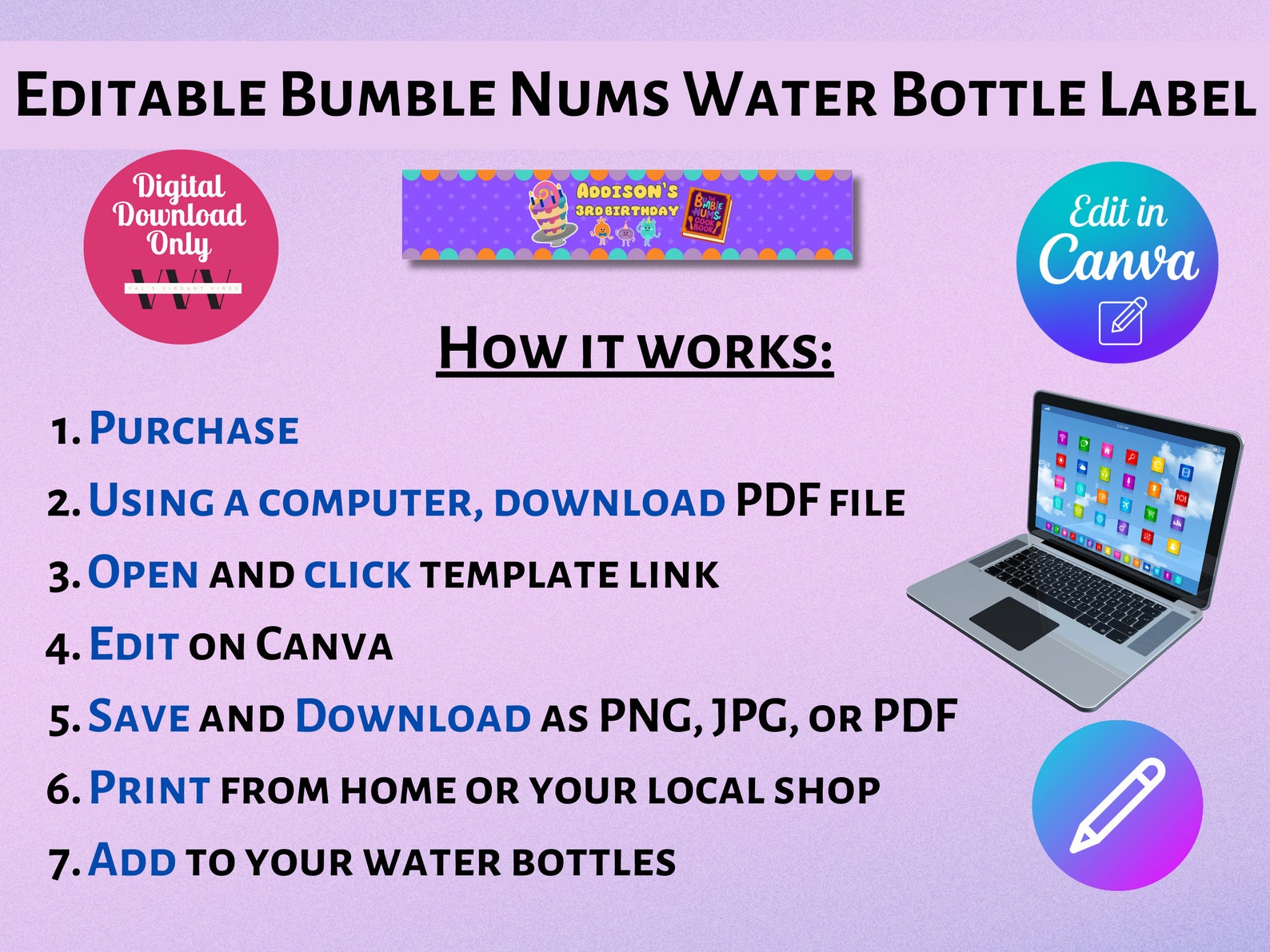Editable Bumble Nums Water Bottle Label: Birthday Party (digital ...