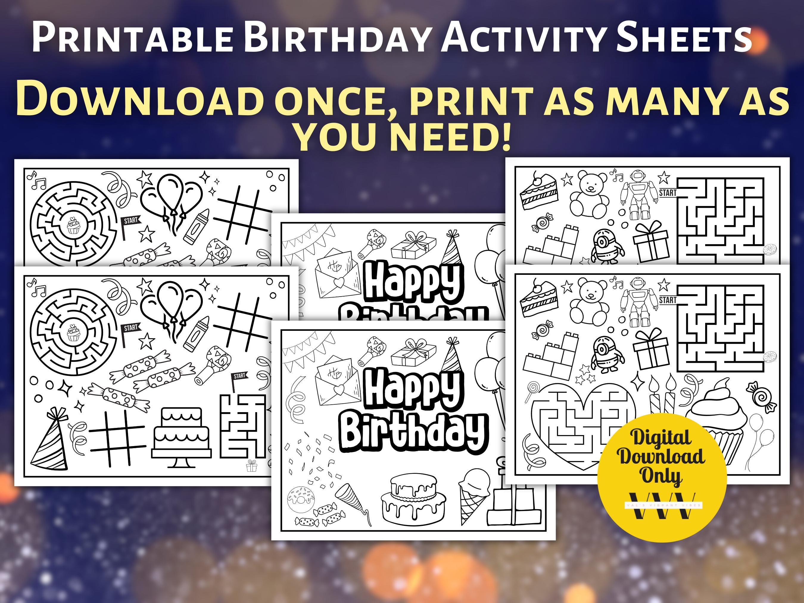 Printable Birthday Activity Sheets: Coloring Pages & Maze (PDF File) - Etsy