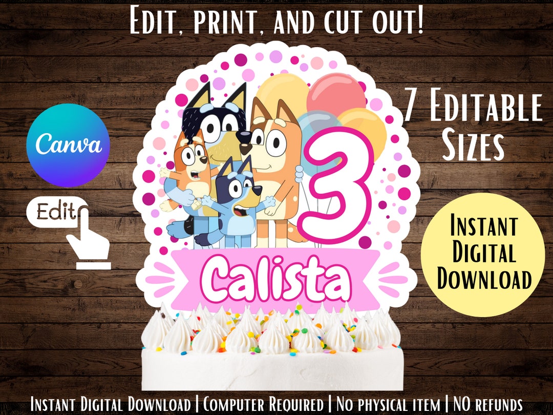 Printable Bluey Cake Topper in Pink, INSTANT DIGITAL DOWNLOAD, Bluey ...