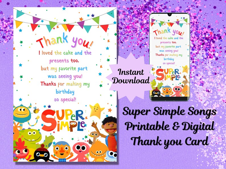 Super Simple Songs Thank You Card: Printable Birthday Party (PNG, PDF ...