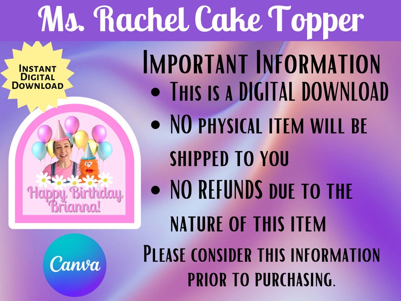Ms. Rachel Birthday Cake Topper: Editable Party Decoration (digital ...