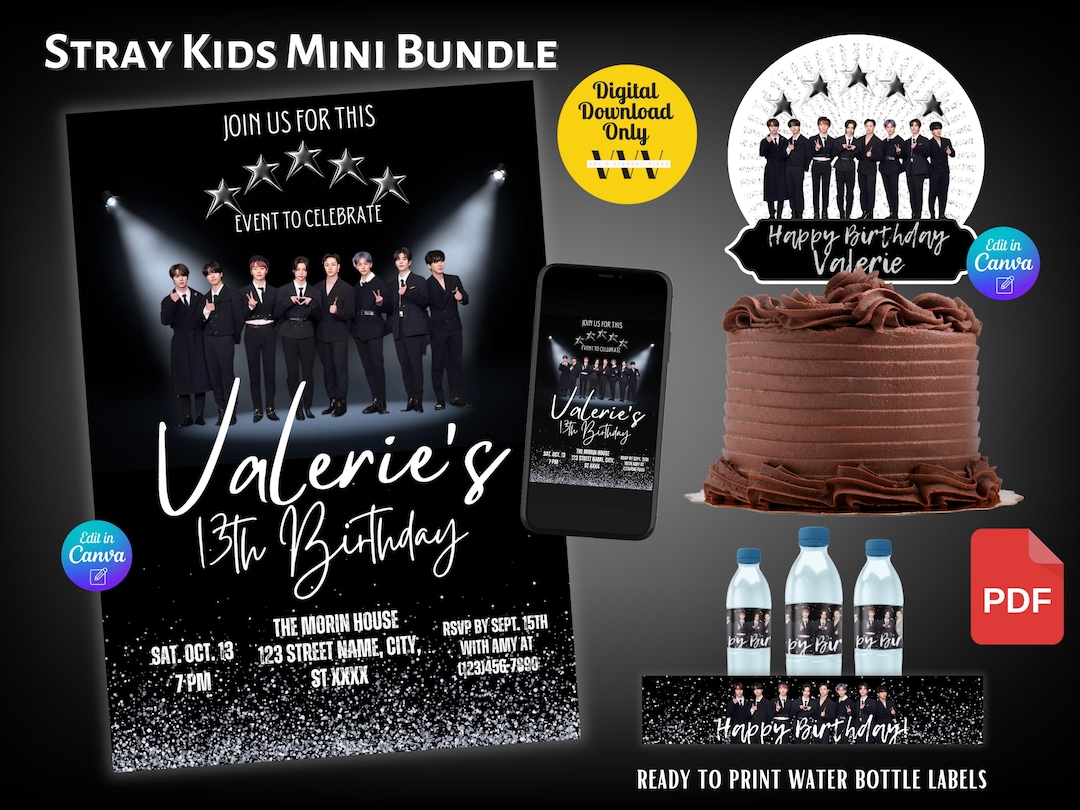 Stray Kids Birthday Party Bundle: Invitation, Cake Topper, Water Bottle ...