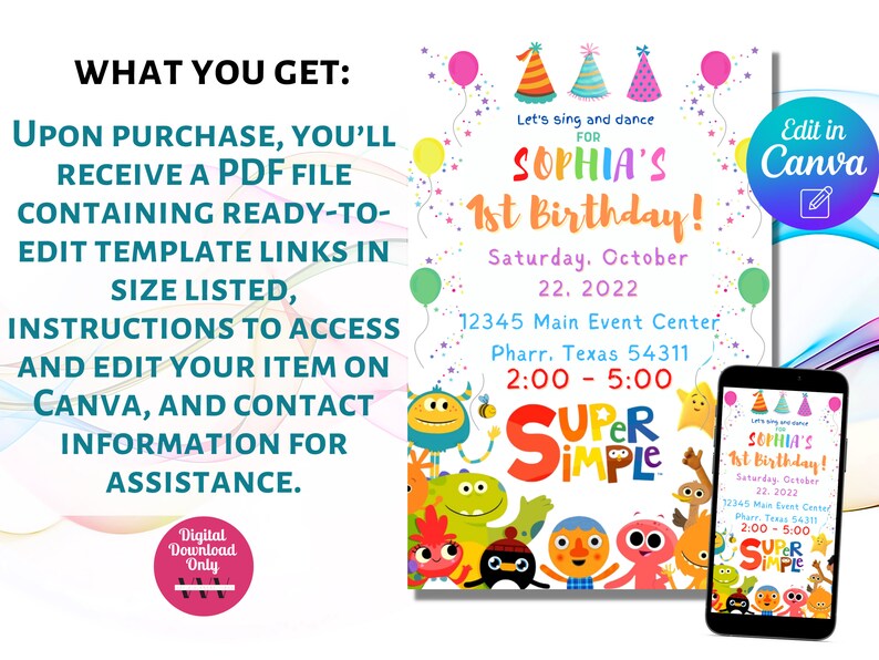 Super Simple Songs Birthday Invitation: Editable Canva Template ...