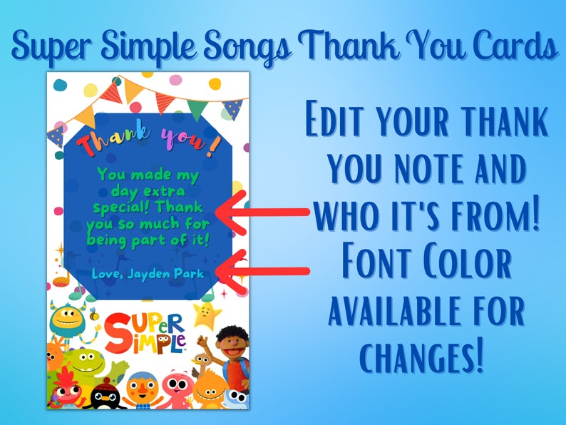 Super Simple Songs Thank You Card Editable Template 4 - Etsy