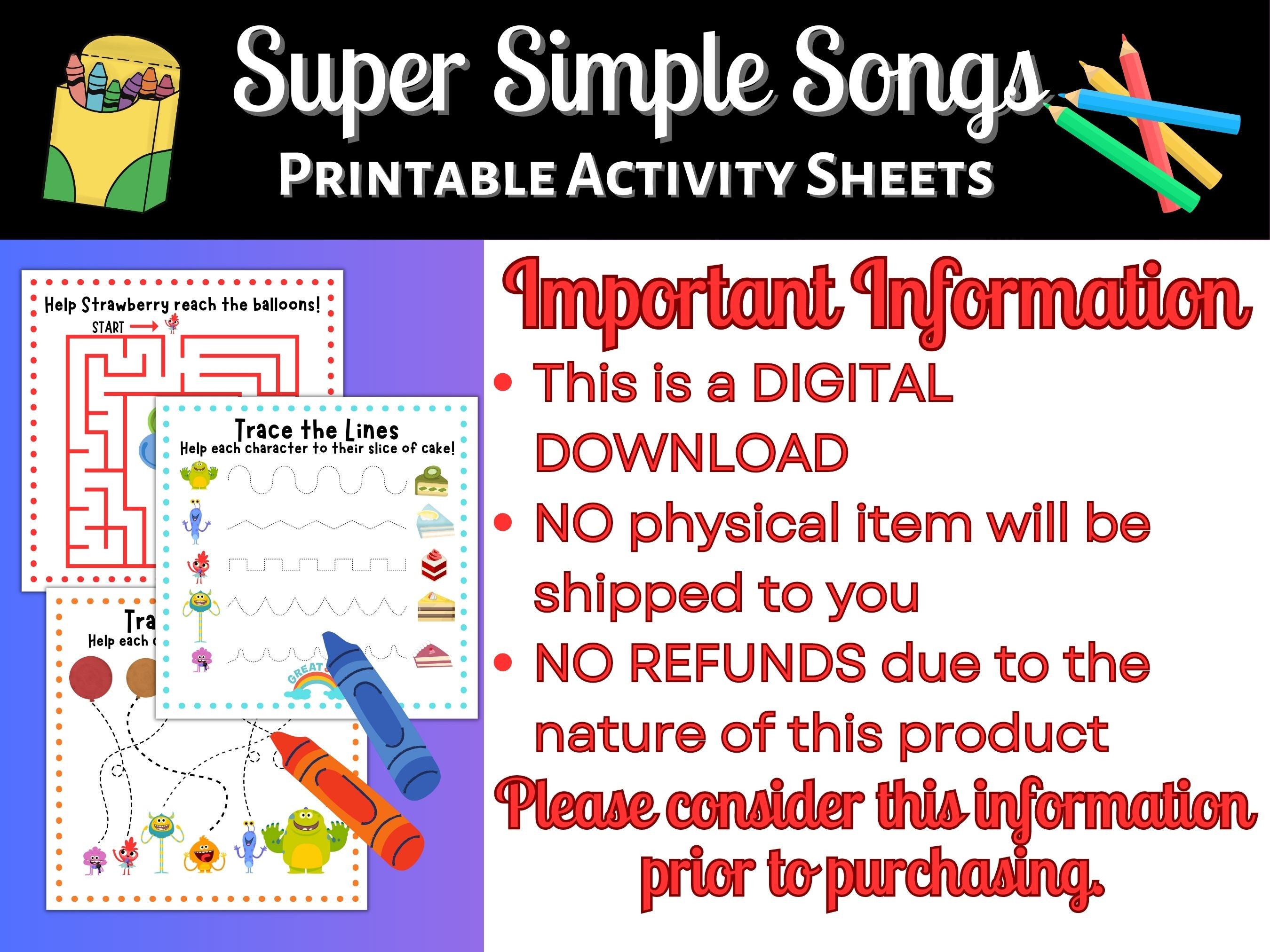 Super Simple Songs Activity Sheets | Printable Pdfs | 3 Sizes | Party ...
