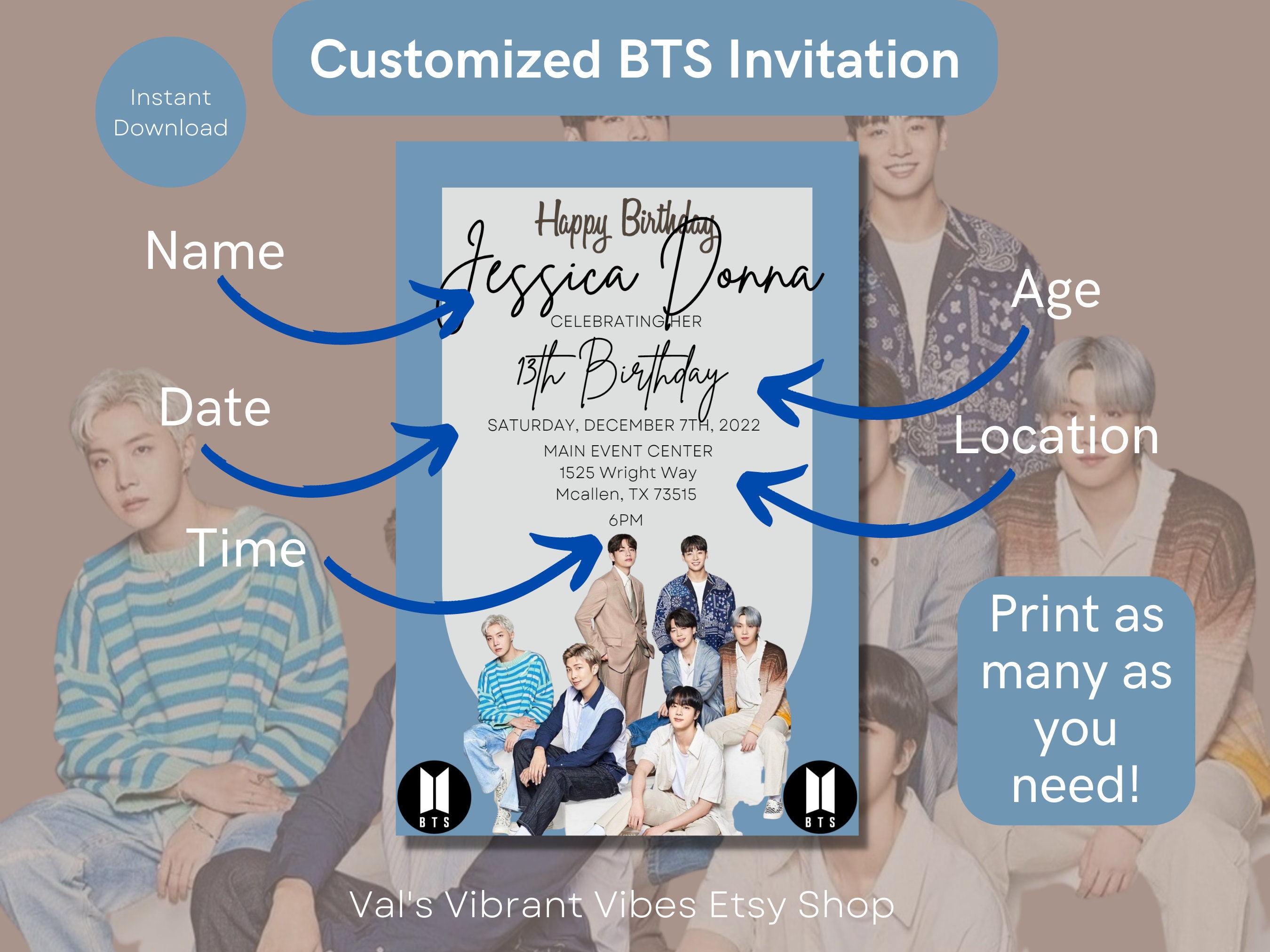 Customized BTS Invitation Blue & Grey Themed BTS Party - Etsy