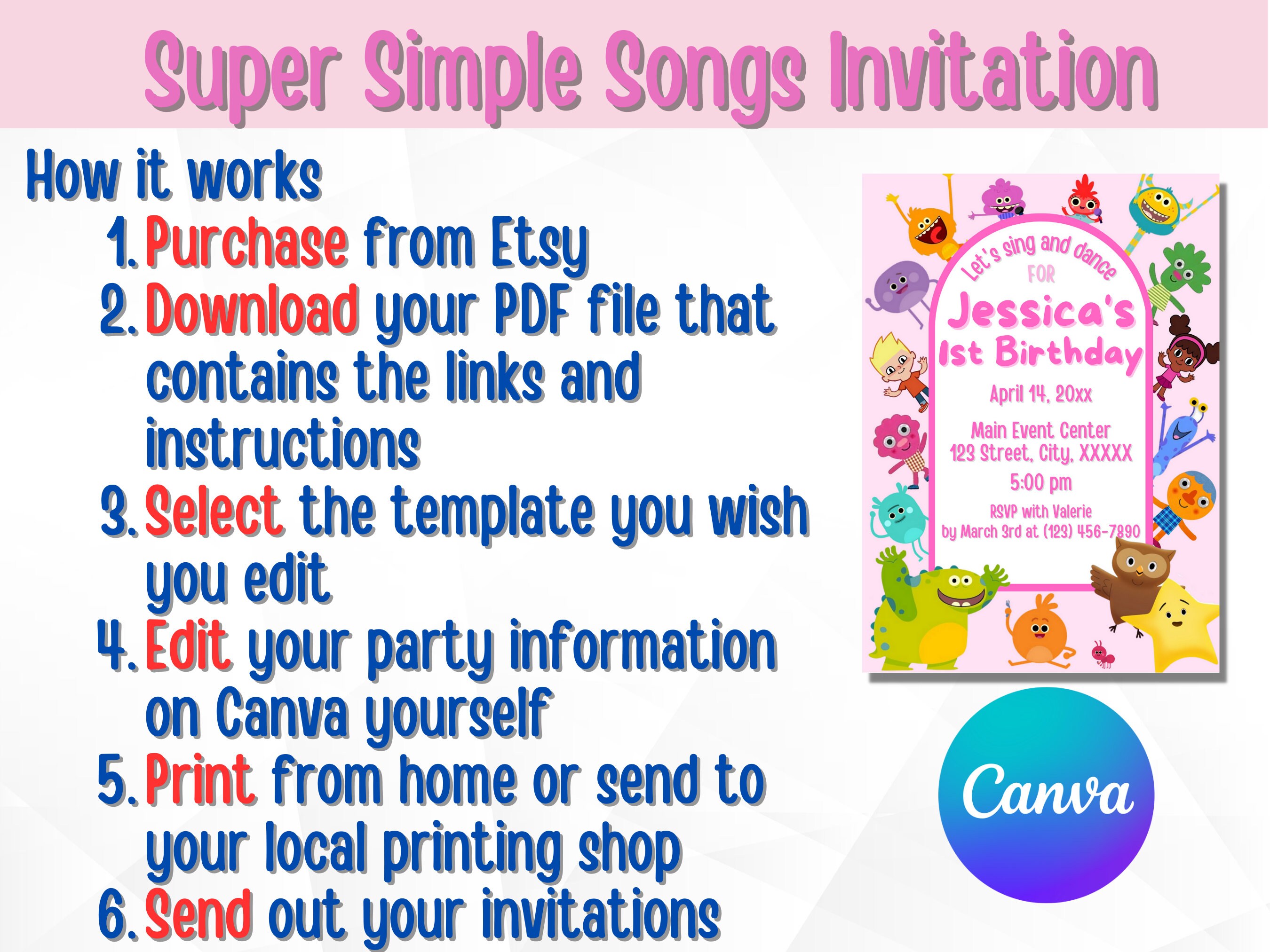 Super Simple Songs Invitation in Pink Editable Template - Etsy Australia