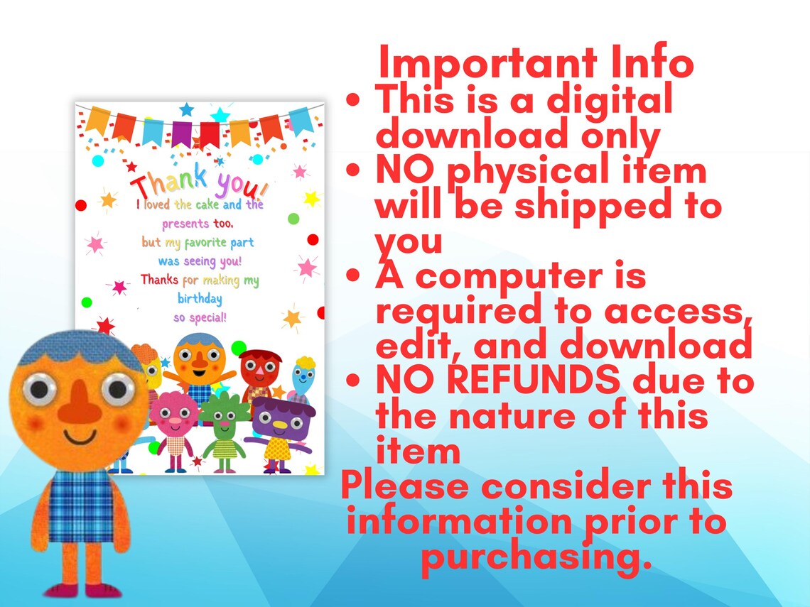 Noodle and Pals Thank You Card: Kids Birthday Party (canva Template ...