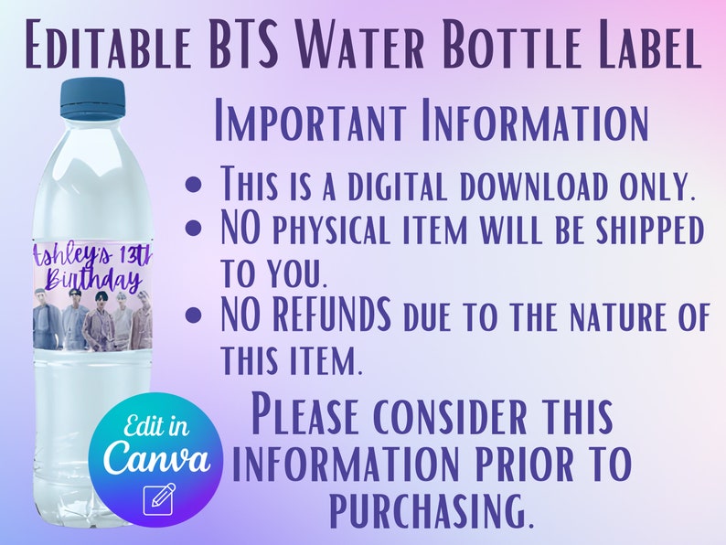 Editable BTS Birthday Water Bottle Label (digital Download) - Etsy