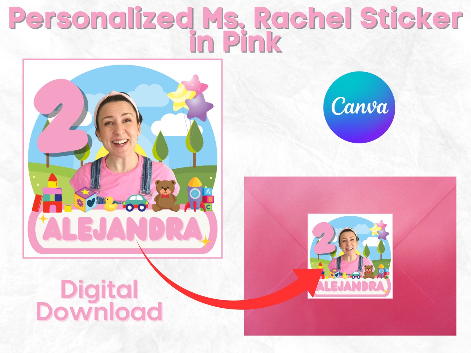 Ms. Rachel Personalized Sticker in Pink Editable Template Birthday ...