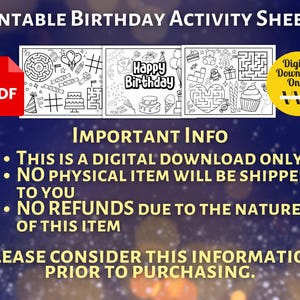 Printable Birthday Activity Sheets: Coloring Pages & Maze (PDF File) - Etsy