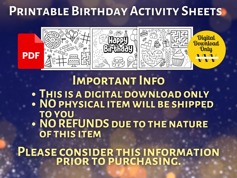 Printable Birthday Activity Sheets: Coloring Pages & Maze (PDF File) - Etsy