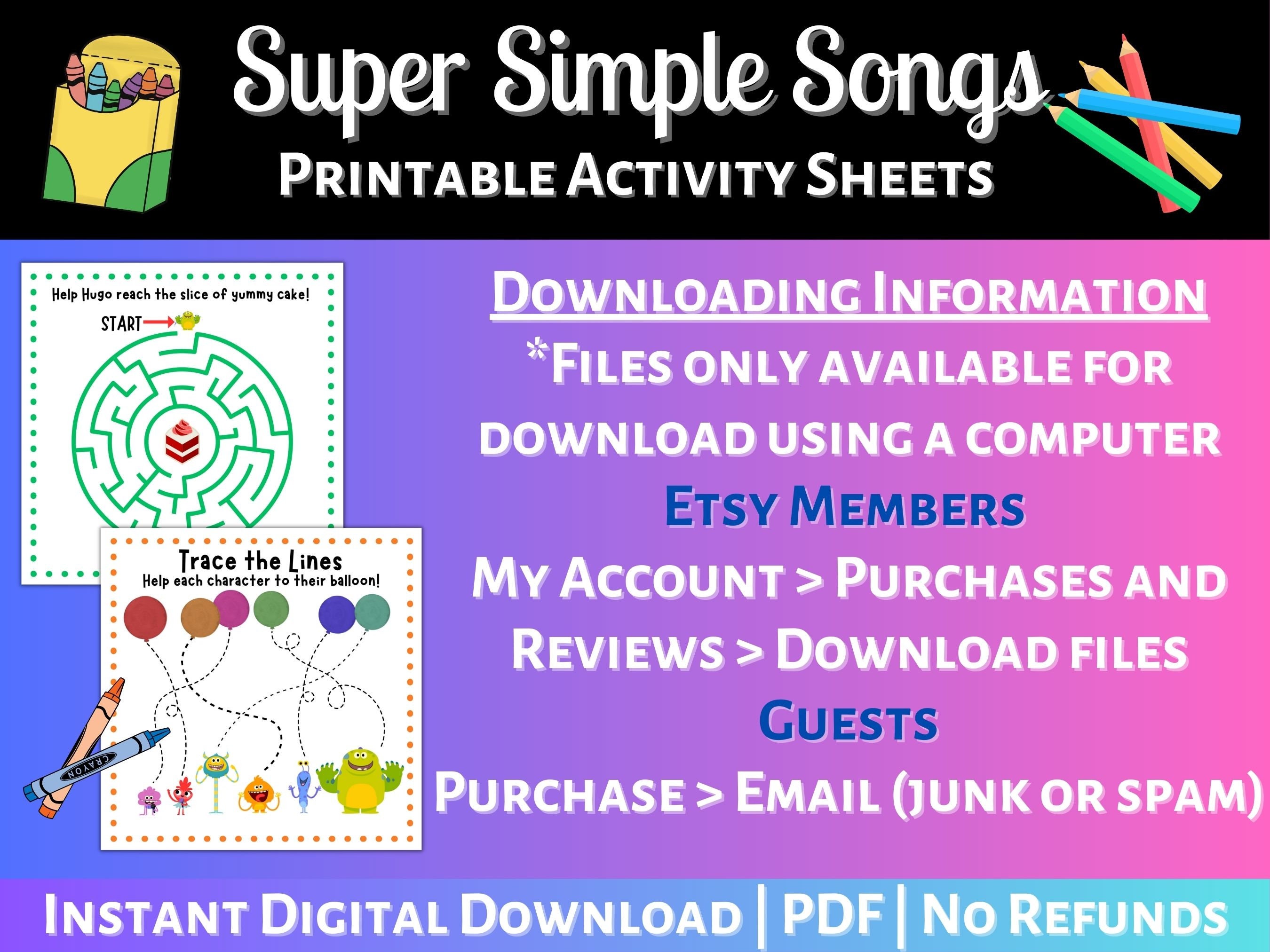Super Simple Songs Activity Sheets Printable Pdfs 3 Sizes - Etsy