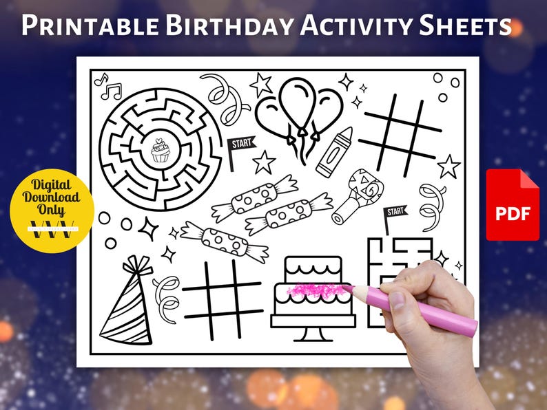 Printable Birthday Activity Sheets: Coloring Pages & Maze (PDF File) - Etsy