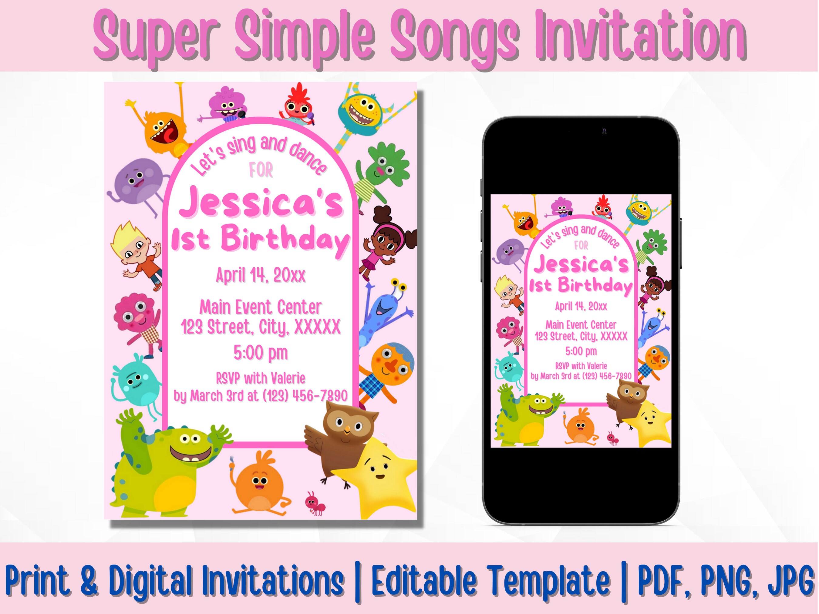 Super Simple Songs Invitation in Pink Editable Template - Etsy
