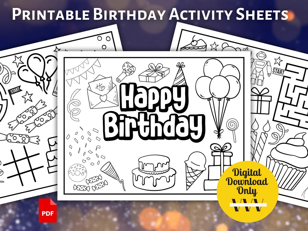 Printable Birthday Activity Sheets: Coloring Pages & Maze (PDF File) - Etsy