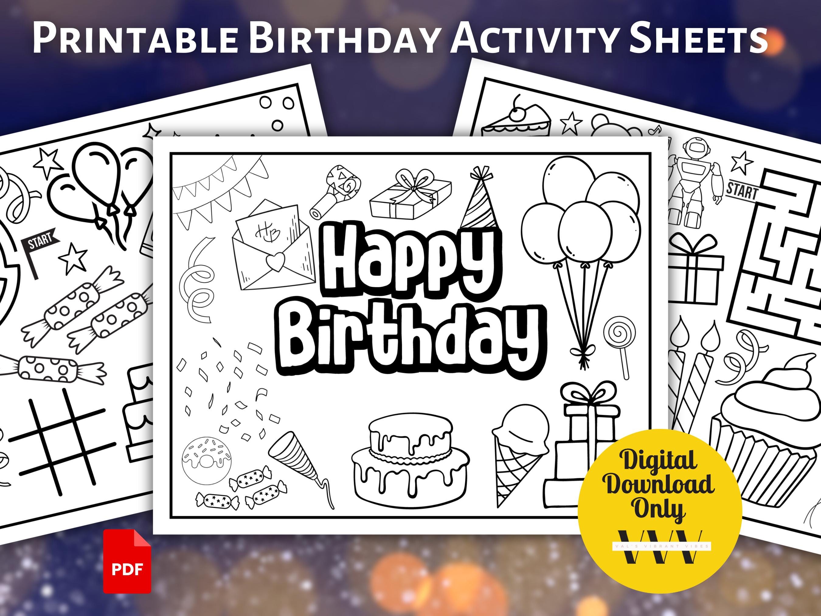 Printable Birthday Activity Sheets: Coloring Pages & Maze (PDF File) - Etsy