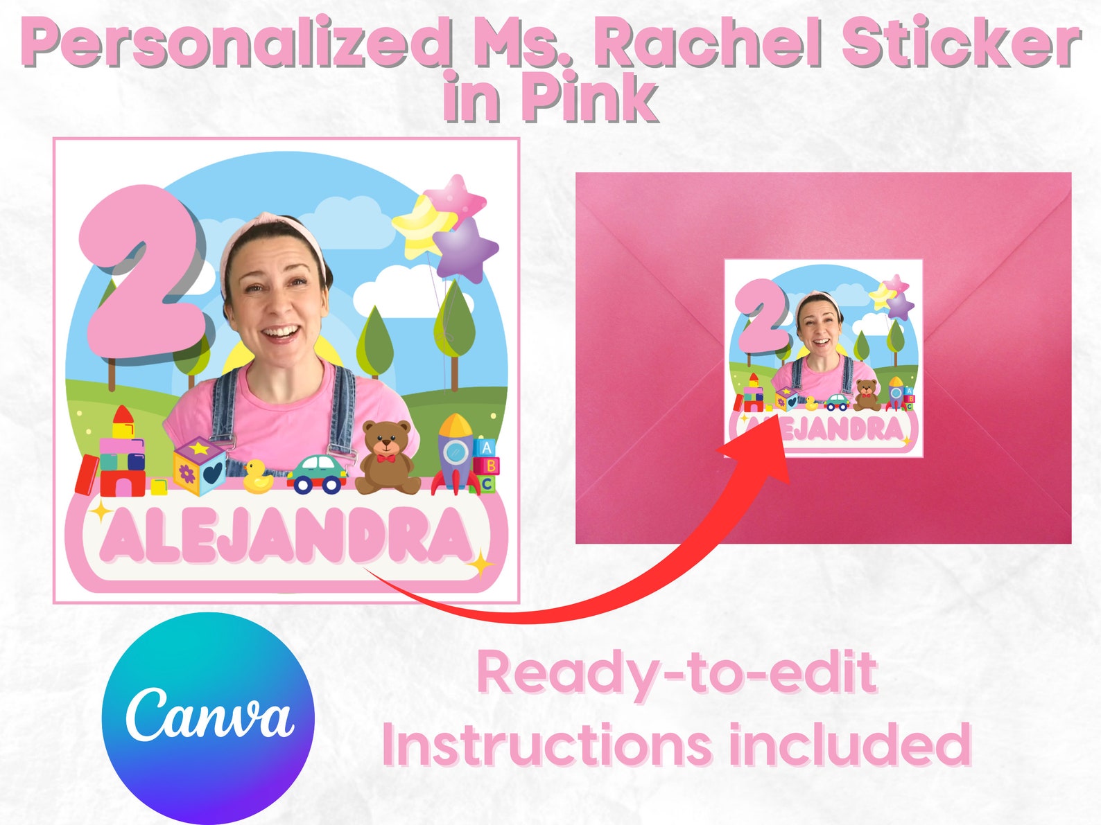 Ms. Rachel Personalized Sticker in Pink Editable Template Birthday ...