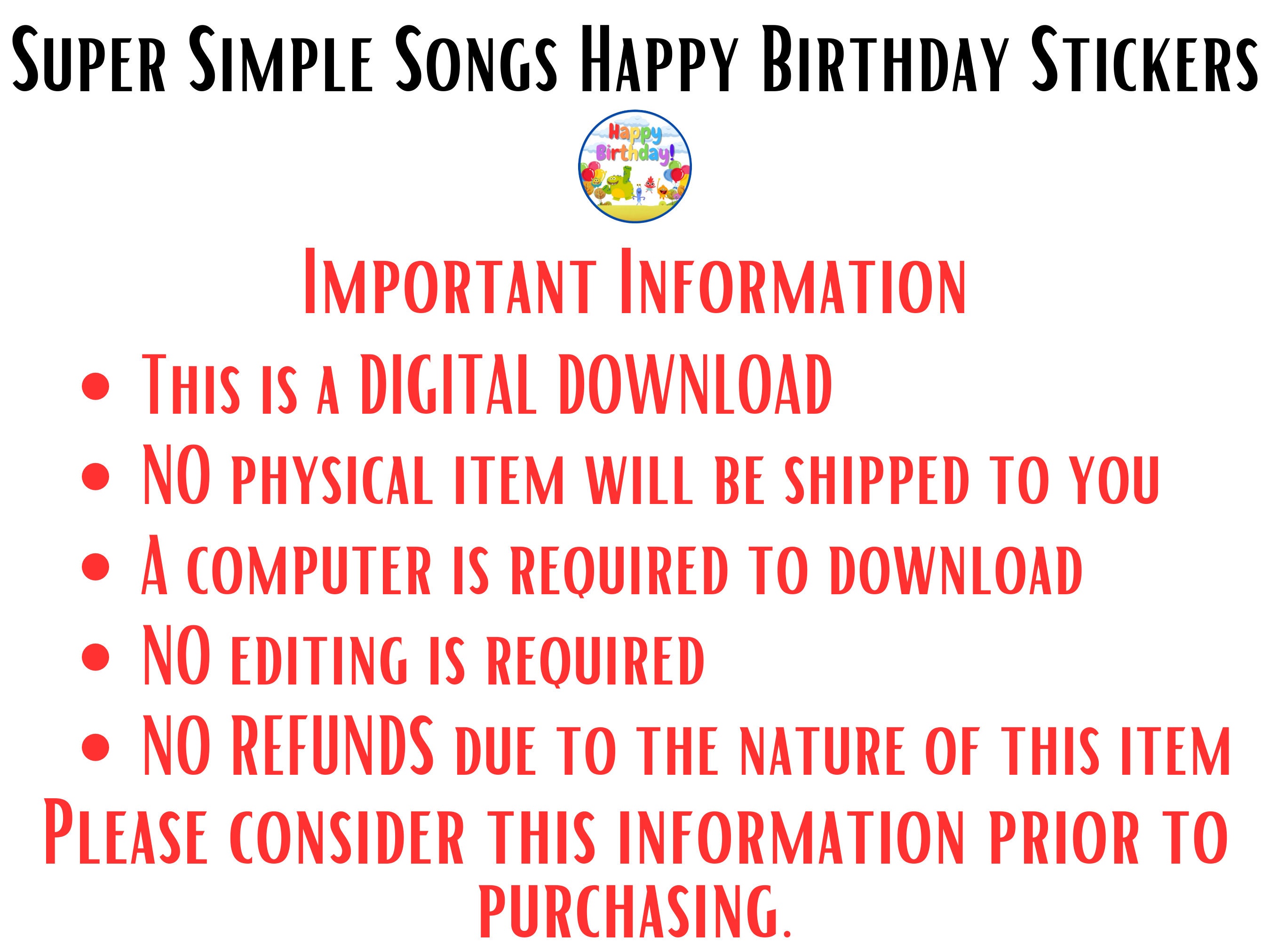 Super Simple Songs Birthday Stickers: 5 Sizes (digital Download) - Etsy
