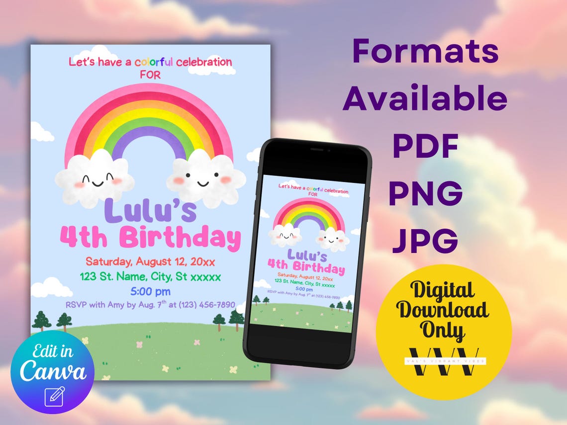 Editable Rainbow Birthday Invitation: Canva Template (digital Download ...