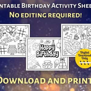 Printable Birthday Activity Sheets: Coloring Pages & Maze (PDF File) - Etsy