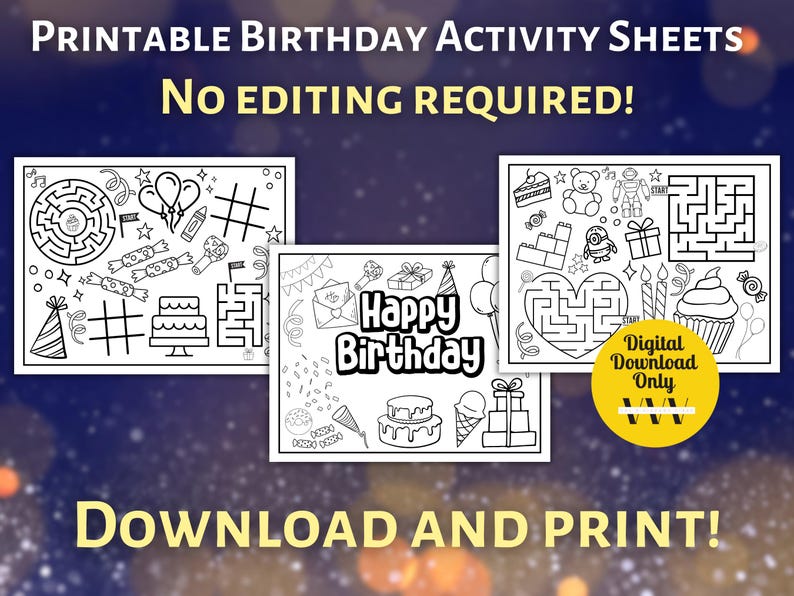 Printable Birthday Activity Sheets: Coloring Pages & Maze (PDF File) - Etsy