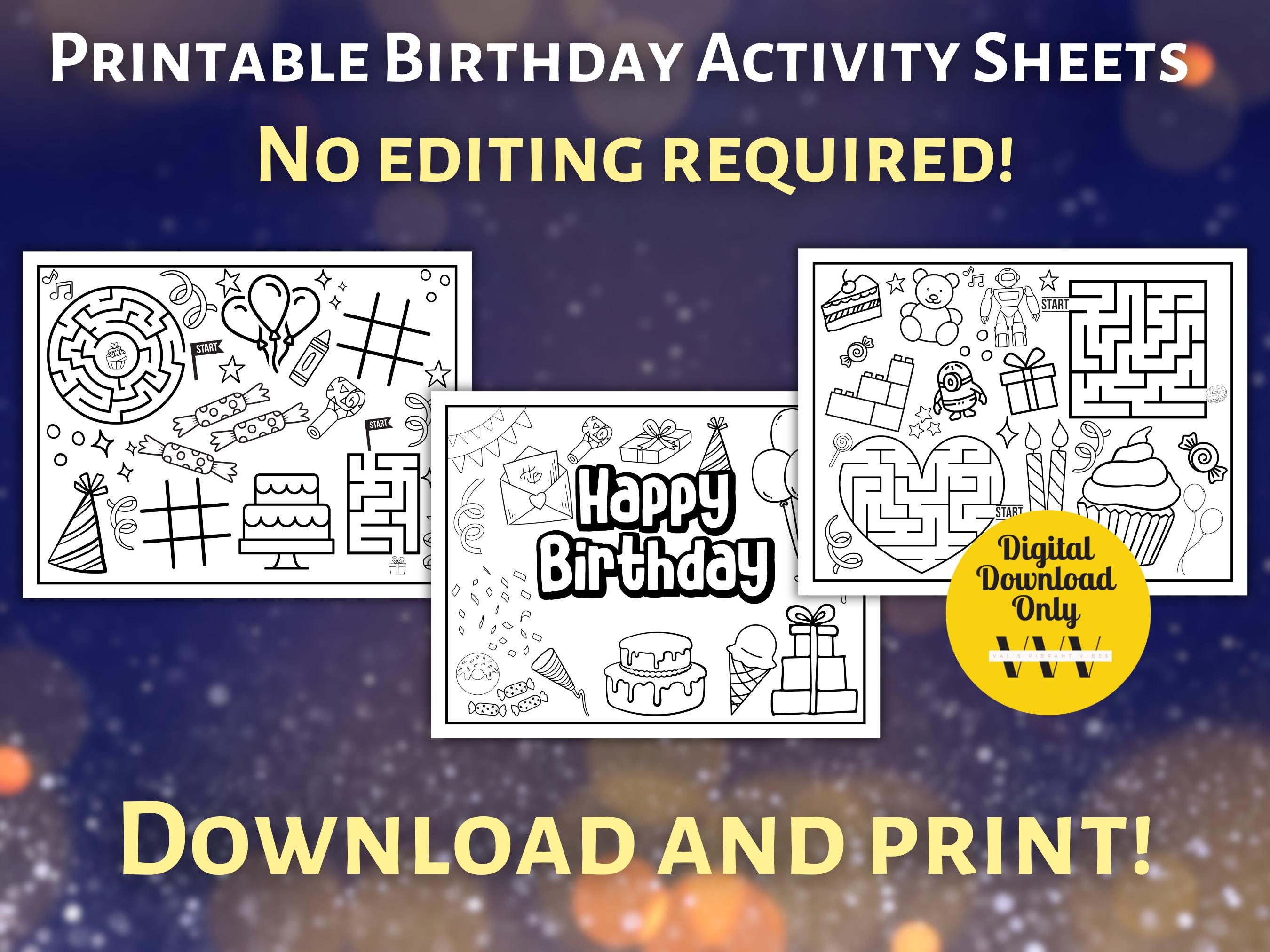 Printable Birthday Activity Sheets: Coloring Pages & Maze (PDF File) - Etsy
