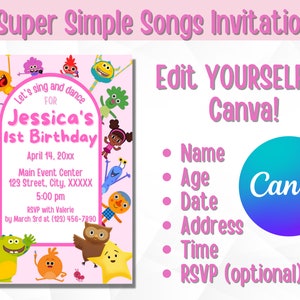 Super Simple Songs Invitation in Pink | Editable Template | Canva | 4x6 ...