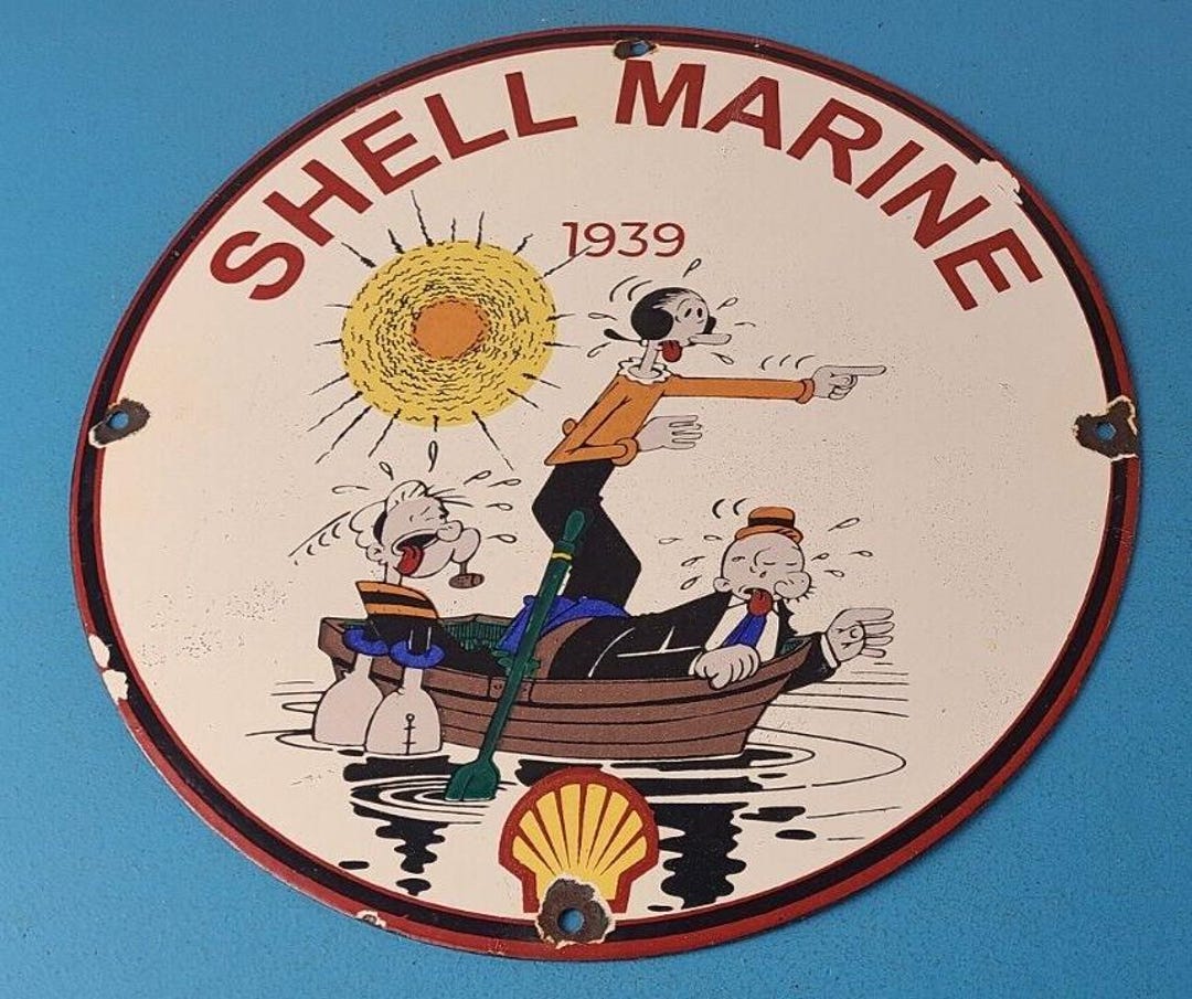 Vintage Shell Gasoline Sign - Popeye Sailor Gas Pump Mechanic Porcelain ...