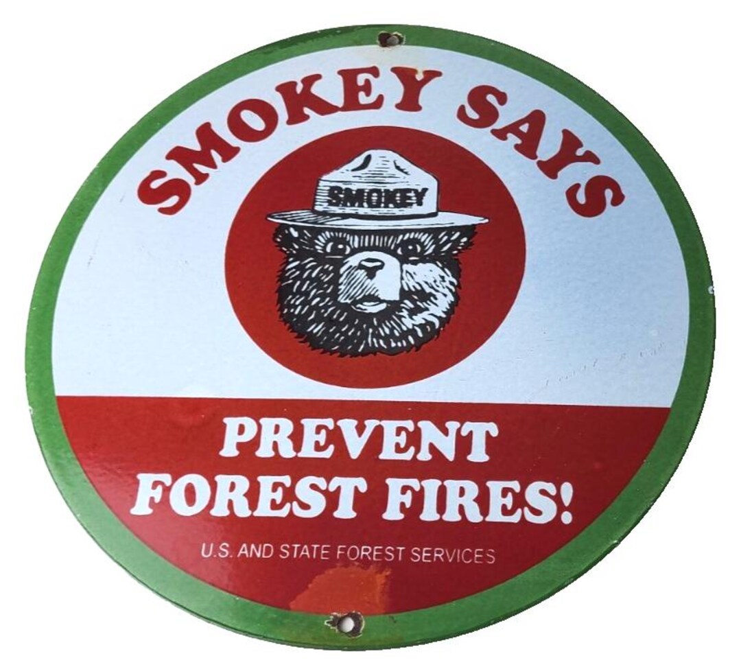 Vintage Smokey Bear Wildfires Porcelain Sign - Prevent Forest Fires Gas ...