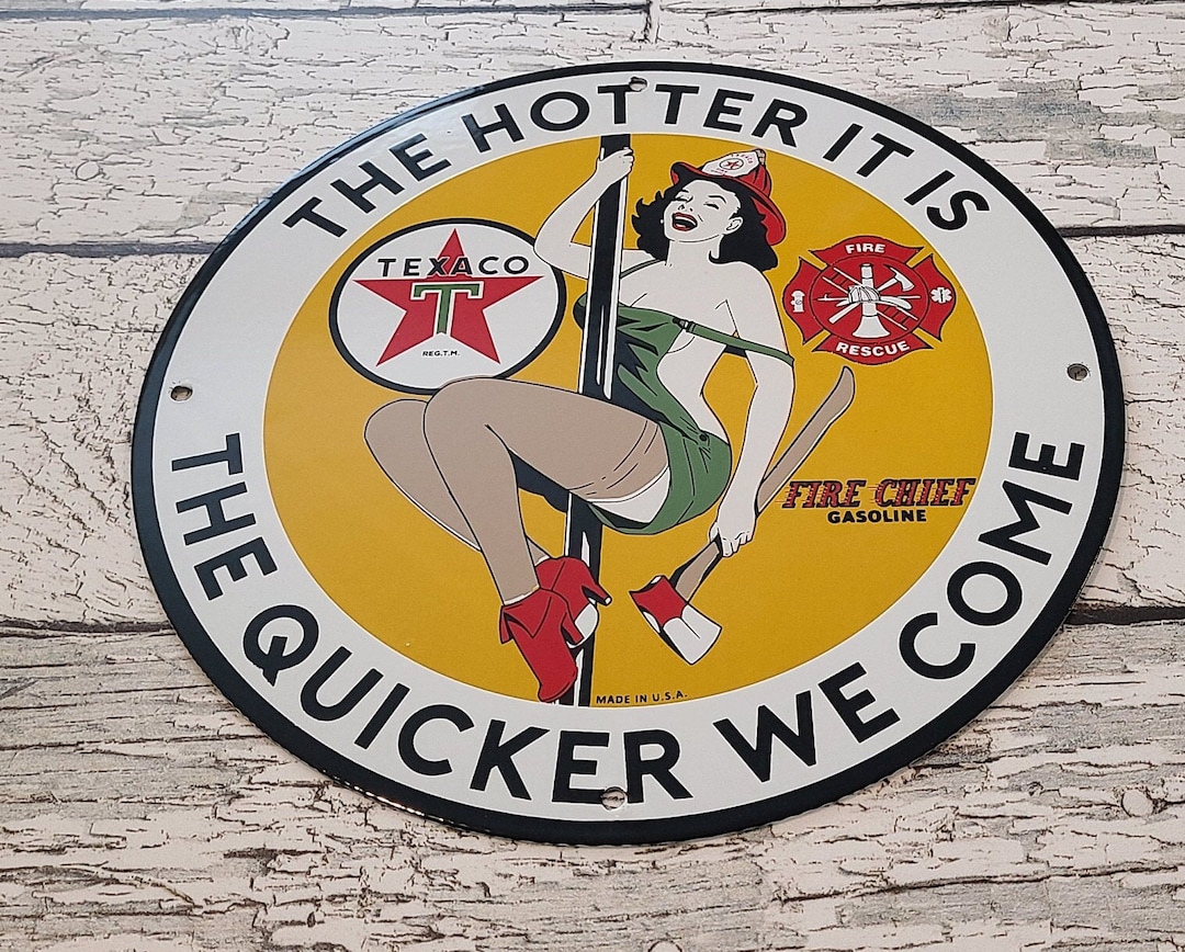Vintage Texaco Gasoline Porcelain Pin up Girl Fire Chief Gas Service ...