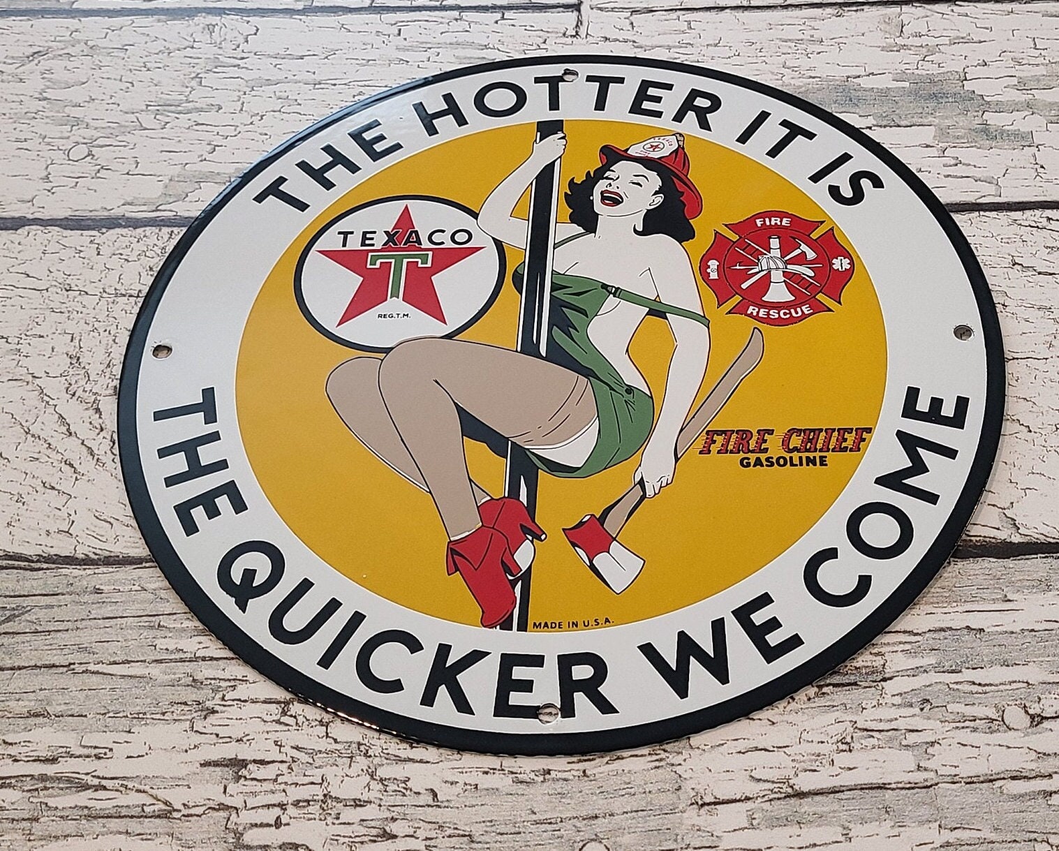 Vintage Texaco Gasoline Porcelain Pin up Girl Fire Chief Gas Service ...