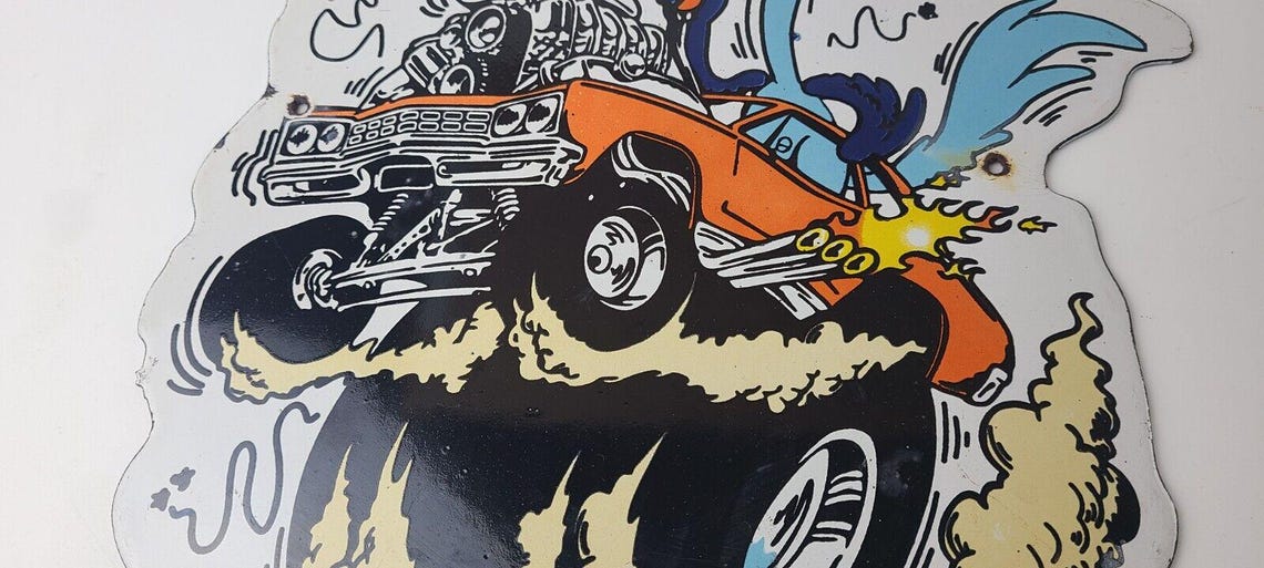 Vintage Rat Fink Porcelain Sign - Plymouth Road Runner Hot Rod Gas Pump ...