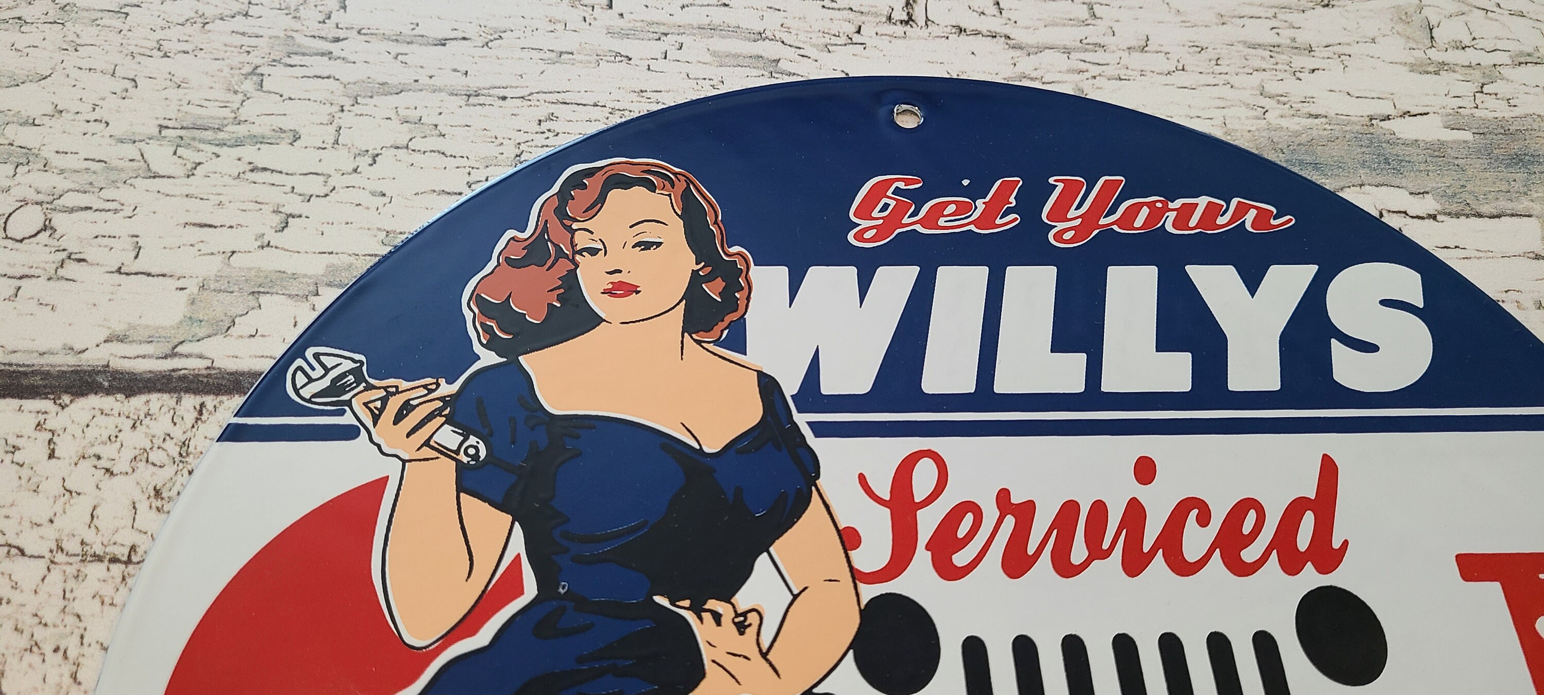 Vintage Willy's Jeep Gasoline Porcelain Sales and Service Gas Pin up ...