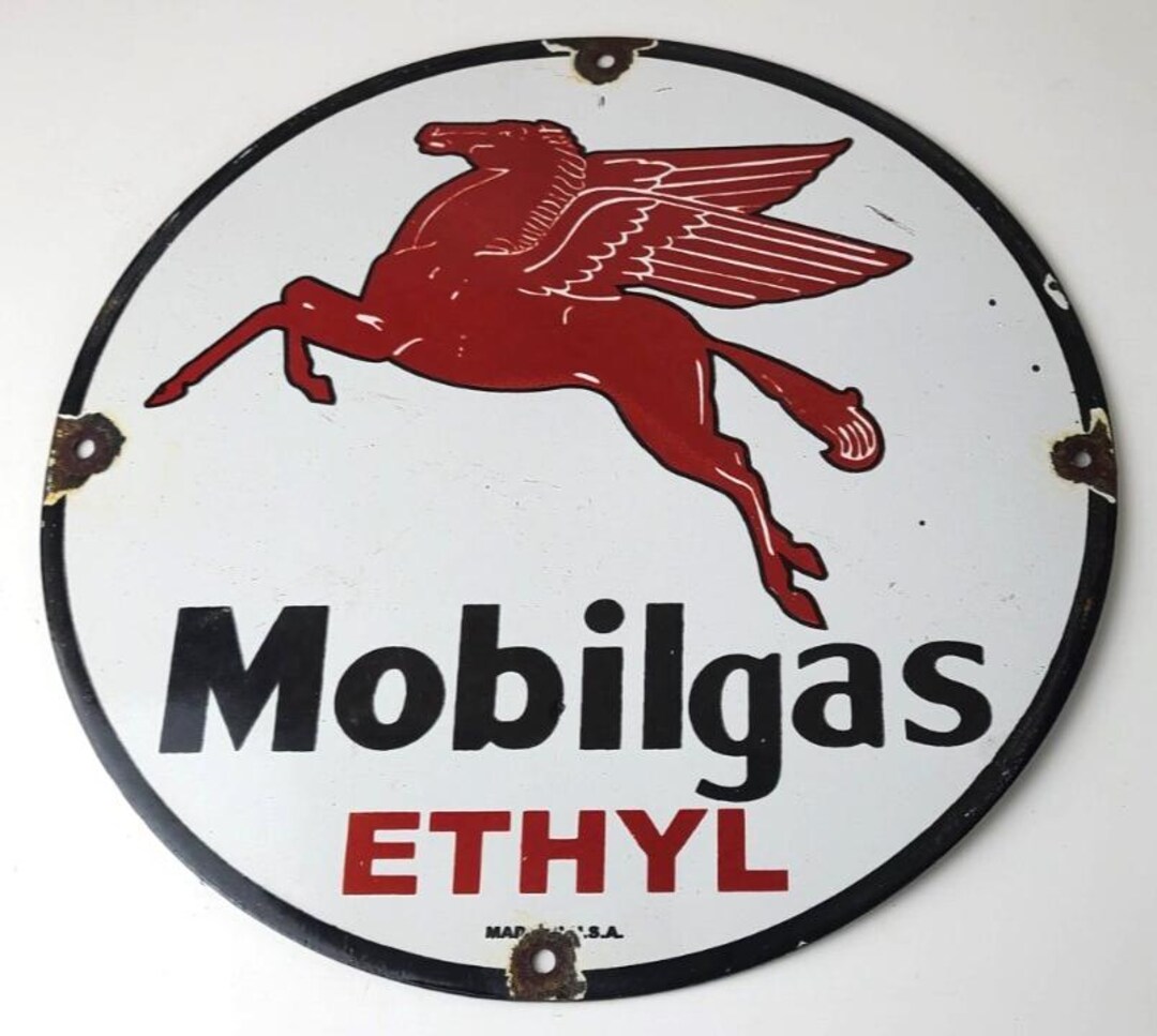 Vintage Mobil Sign - Pegasus Mobilgas Gas Ethyl Pump Service Porcelain ...