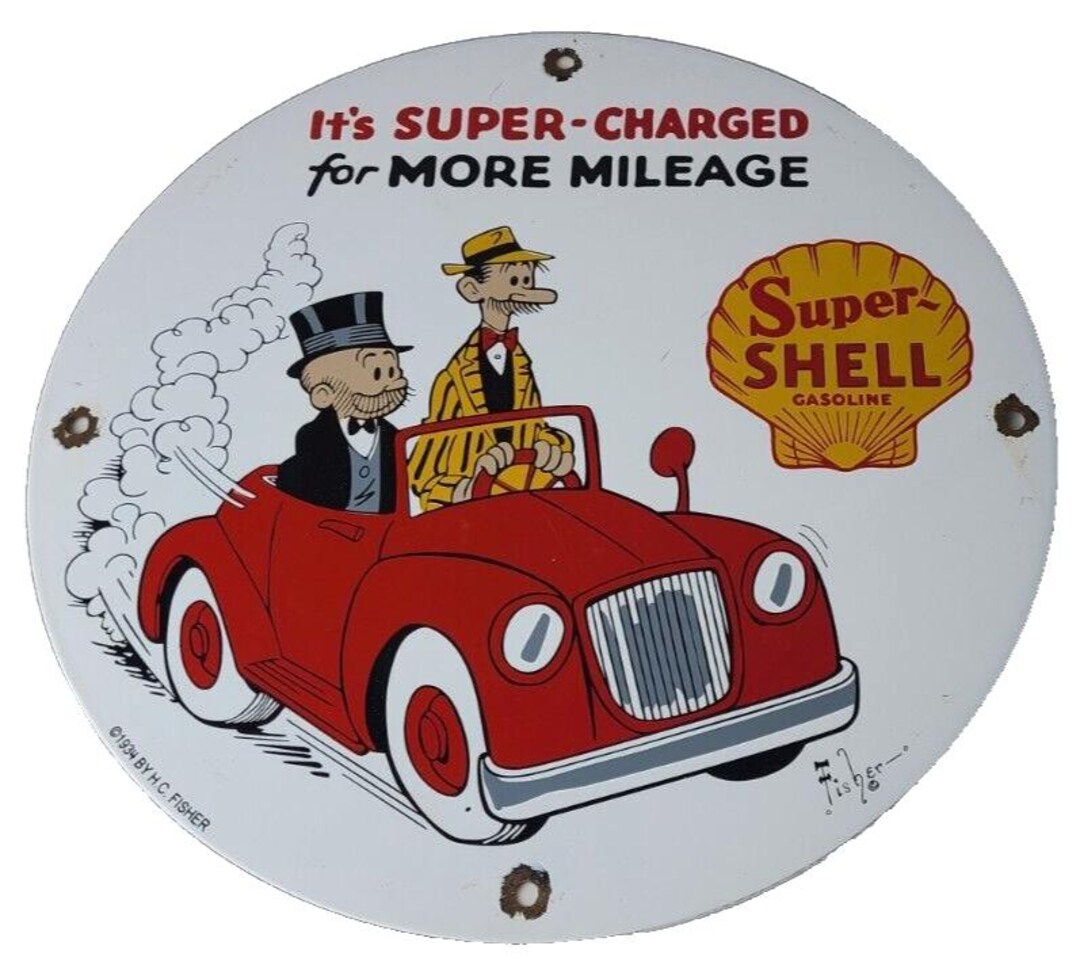 Vintage Super Shell Gasoline Sign - Service Gas Mutt Jeff Porcelain ...