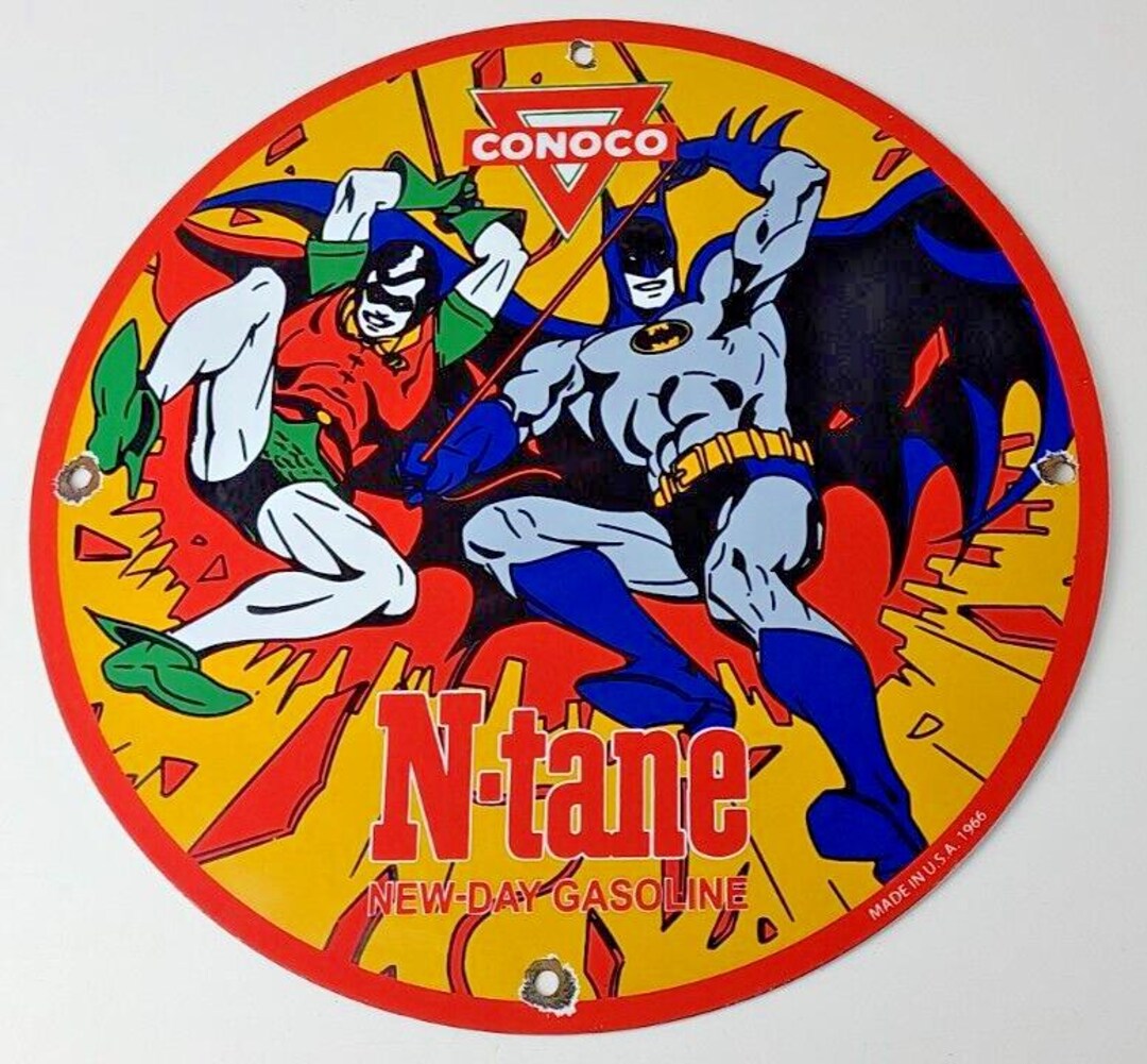 Vintage Conoco Gasoline Porcelain Sign - Batman Robin Comic Gas Pump ...
