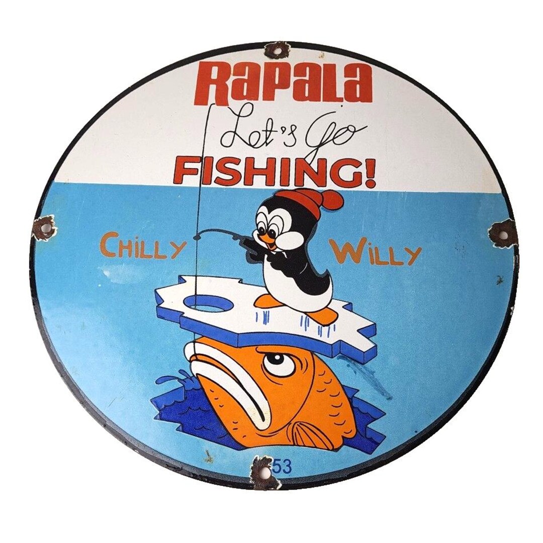 Vintage Rapala Fishing Lures Ad Sign - Chilly Willy Porcelain Gas Pump ...