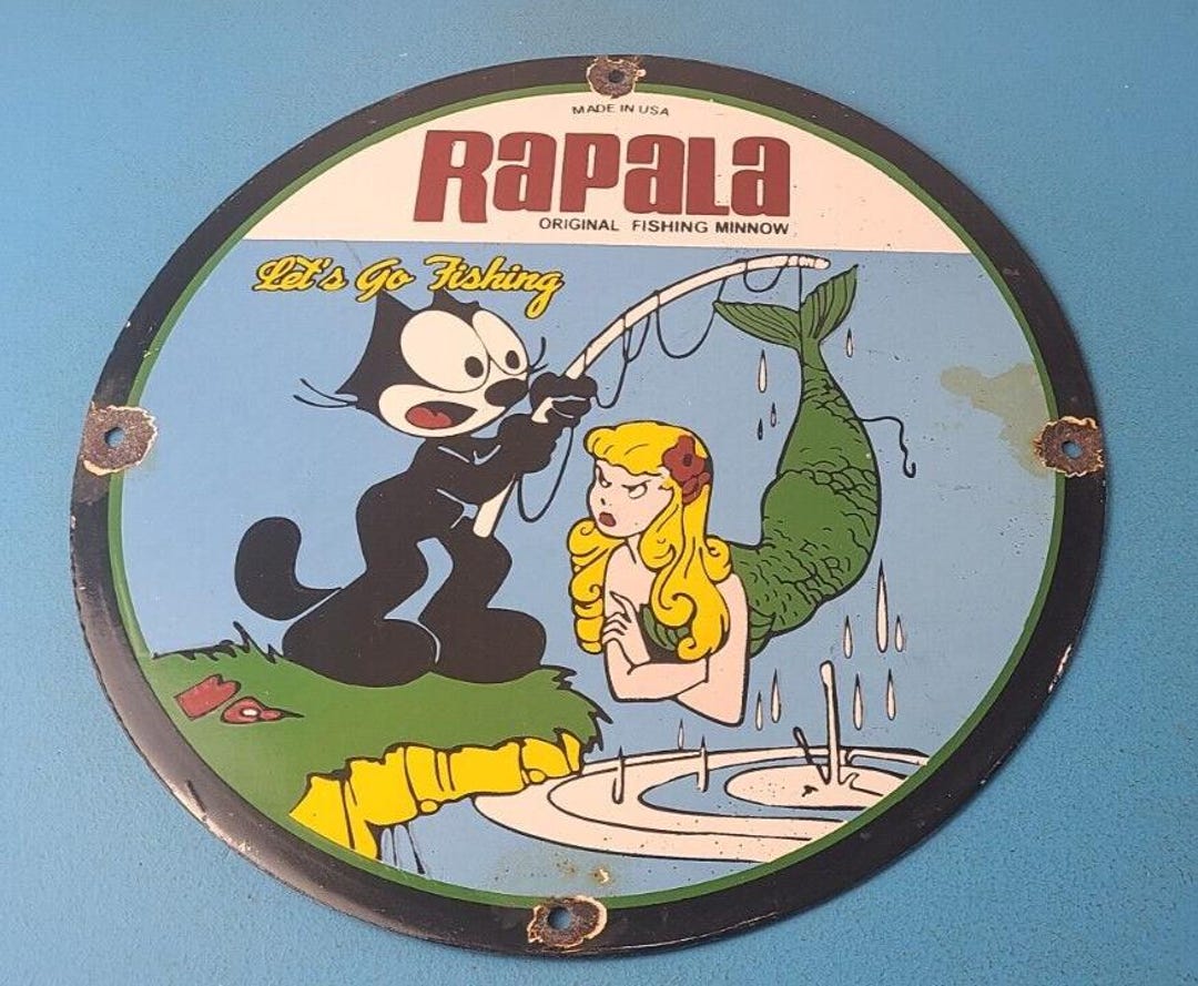Vintage Rapala Fishing Lures Ad Sign - Felix the Cat Porcelain Gas Pump ...
