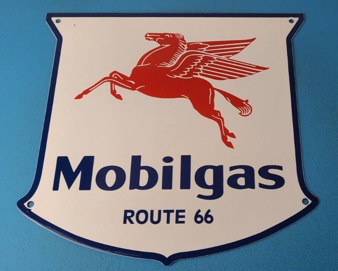 Vintage Mobil Sign - Route 66 Gasoline Pegasus Gas Pump Porcelain Sign ...