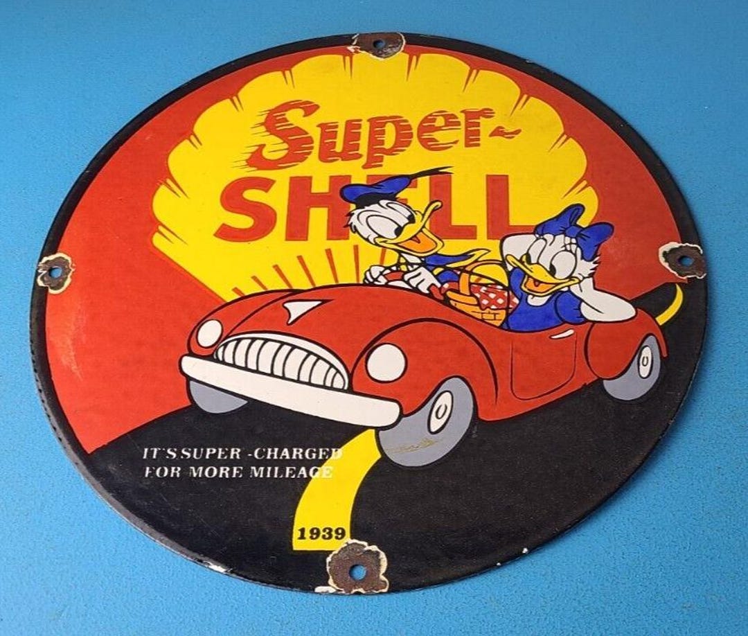 Vintage Super Shell Gasoline Sign - Walt Disney Old Automobile Car Gas ...