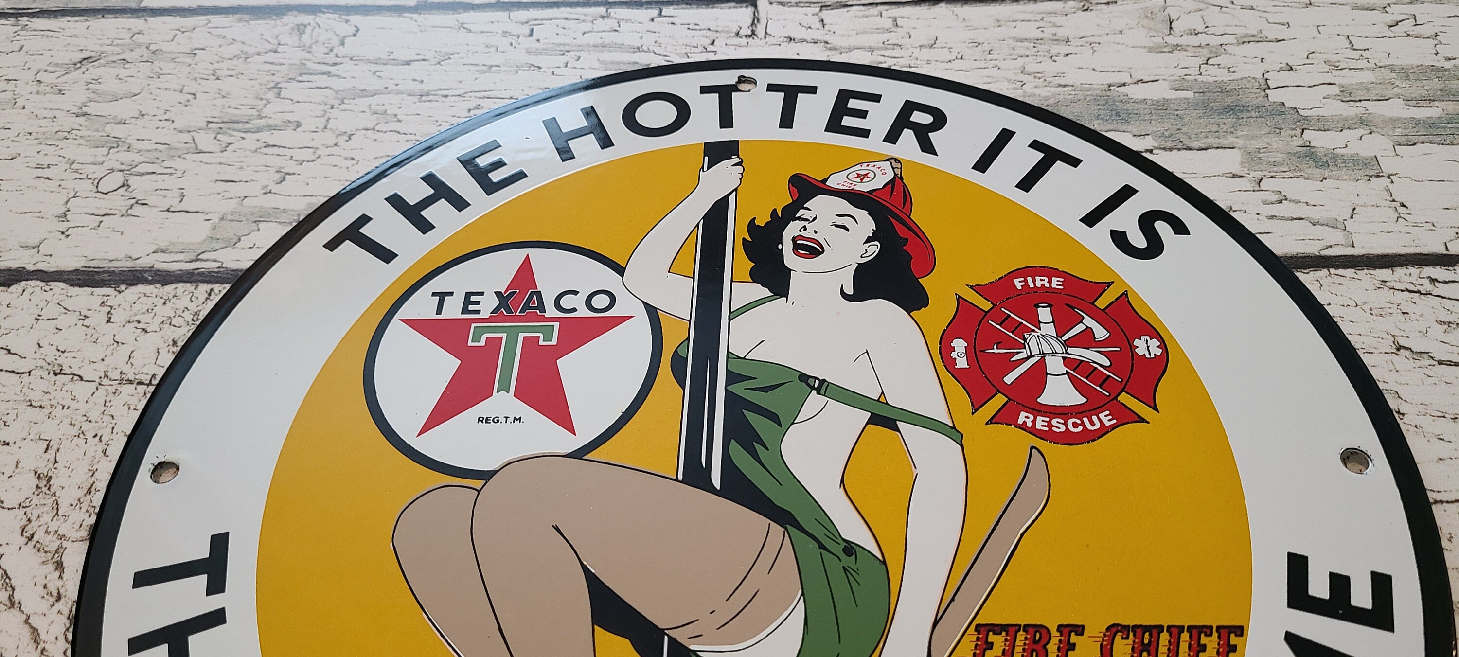 Vintage Texaco Gasoline Porcelain Pin up Girl Fire Chief Gas Service ...