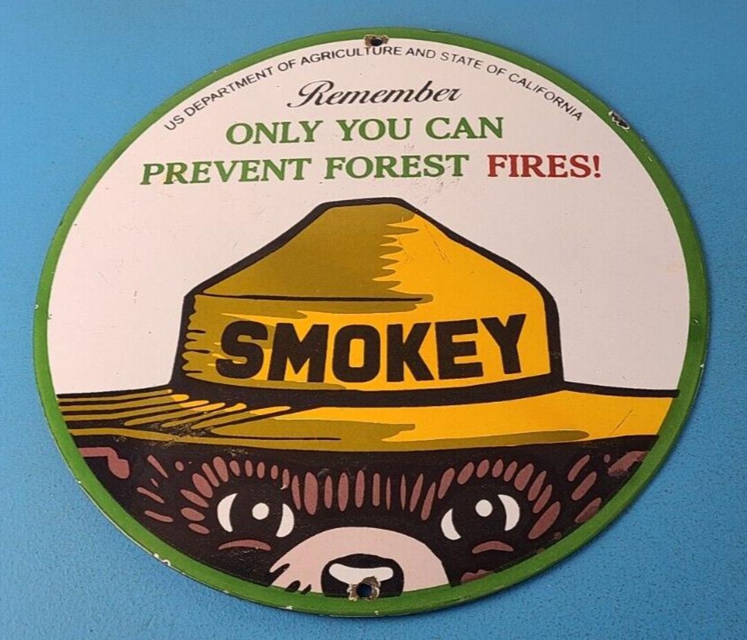 Vintage Forest Service Gas Pump Sign - Smokey the Bear Porcelain Sign ...