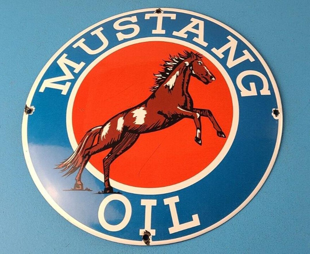 Vintage Mustang Oil Porcelain Sign - Gasoline Pump Advertising Convex ...
