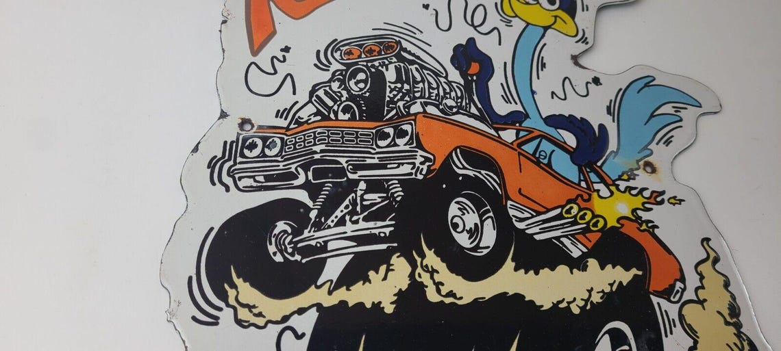 Vintage Rat Fink Porcelain Sign - Plymouth Road Runner Hot Rod Gas Pump ...