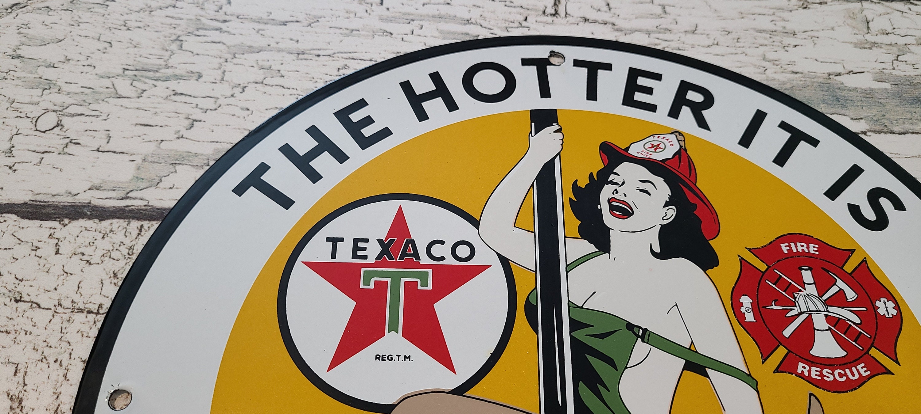 Vintage Texaco Gasoline Porcelain Pin up Girl Fire Chief Gas Service ...