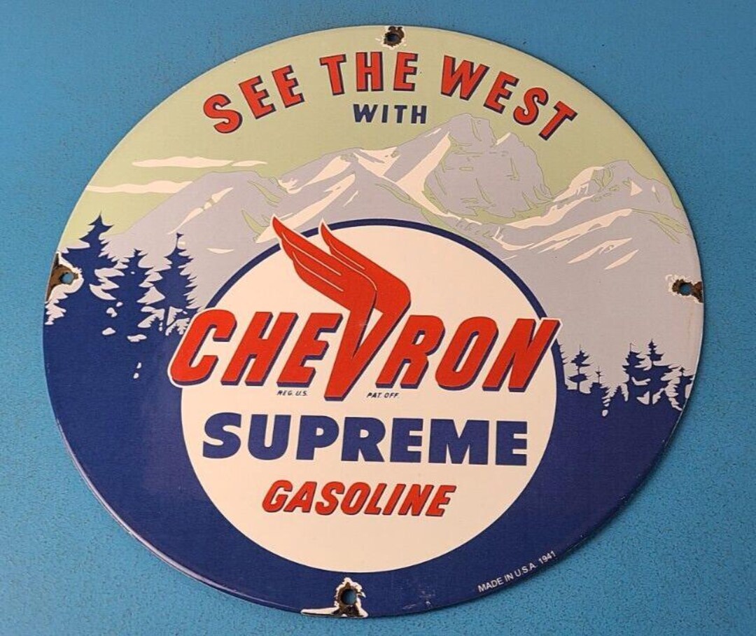 Vintage Chevron Gasoline Sign - West Supreme Gas Pump Service Porcelain ...