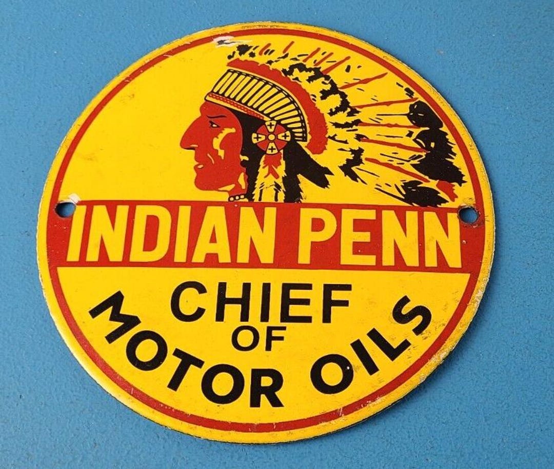 Vintage Porcelain Indian Penn Gasoline Sign - Chief Motor Oils Gas Pump ...
