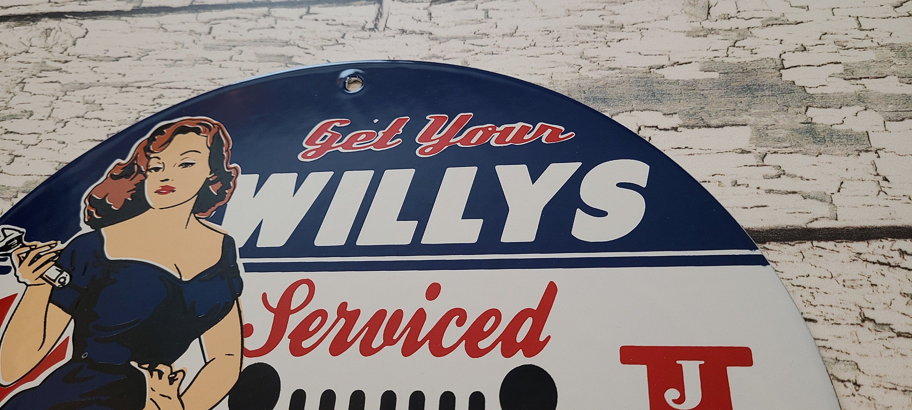 Vintage Willy's Jeep Gasoline Porcelain Sales and Service Gas Pin up ...